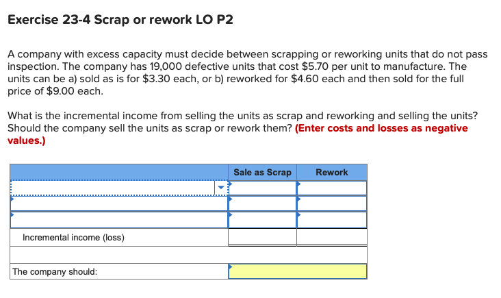 Solved Exercise 23-4 Scrap or rework LO P2 A company with | Chegg.com