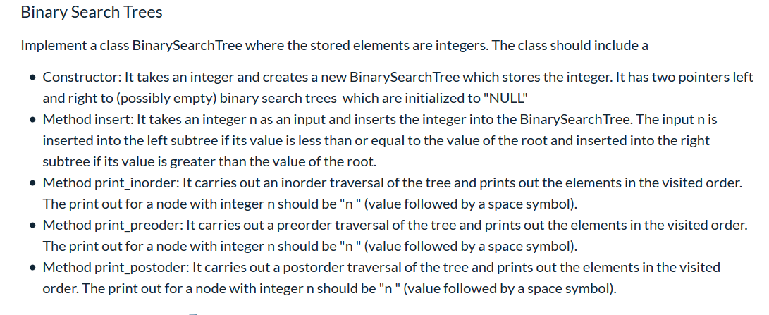 Binary Search Trees Implement a class BinarySearch | Chegg.com