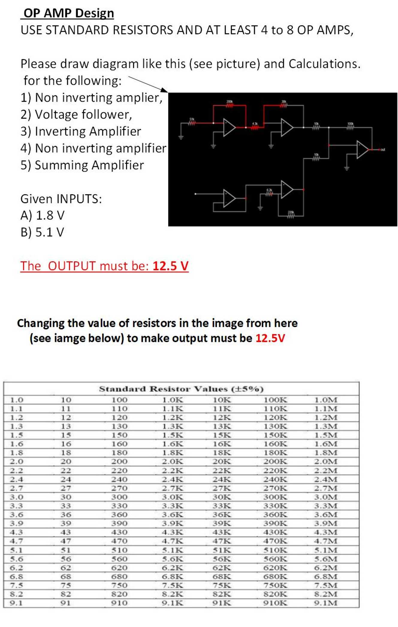 Solved op ampOP AMP DesiUSE STANDARD RESISTORS AND AT LEAST | Chegg.com
