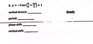 Solved y=-2sec(θ4+3π2)+1vertical stretch:Graph:period:phase | Chegg.com