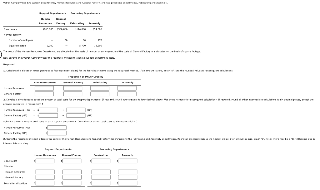 Solved Valron Company has two support departments, Human | Chegg.com