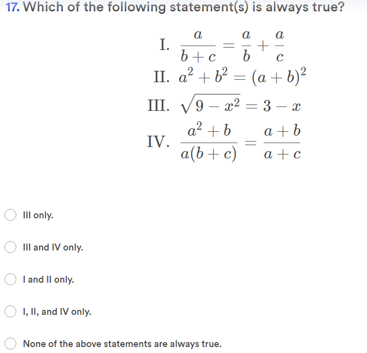 Solved 17. Which of the following statement(s) is always | Chegg.com