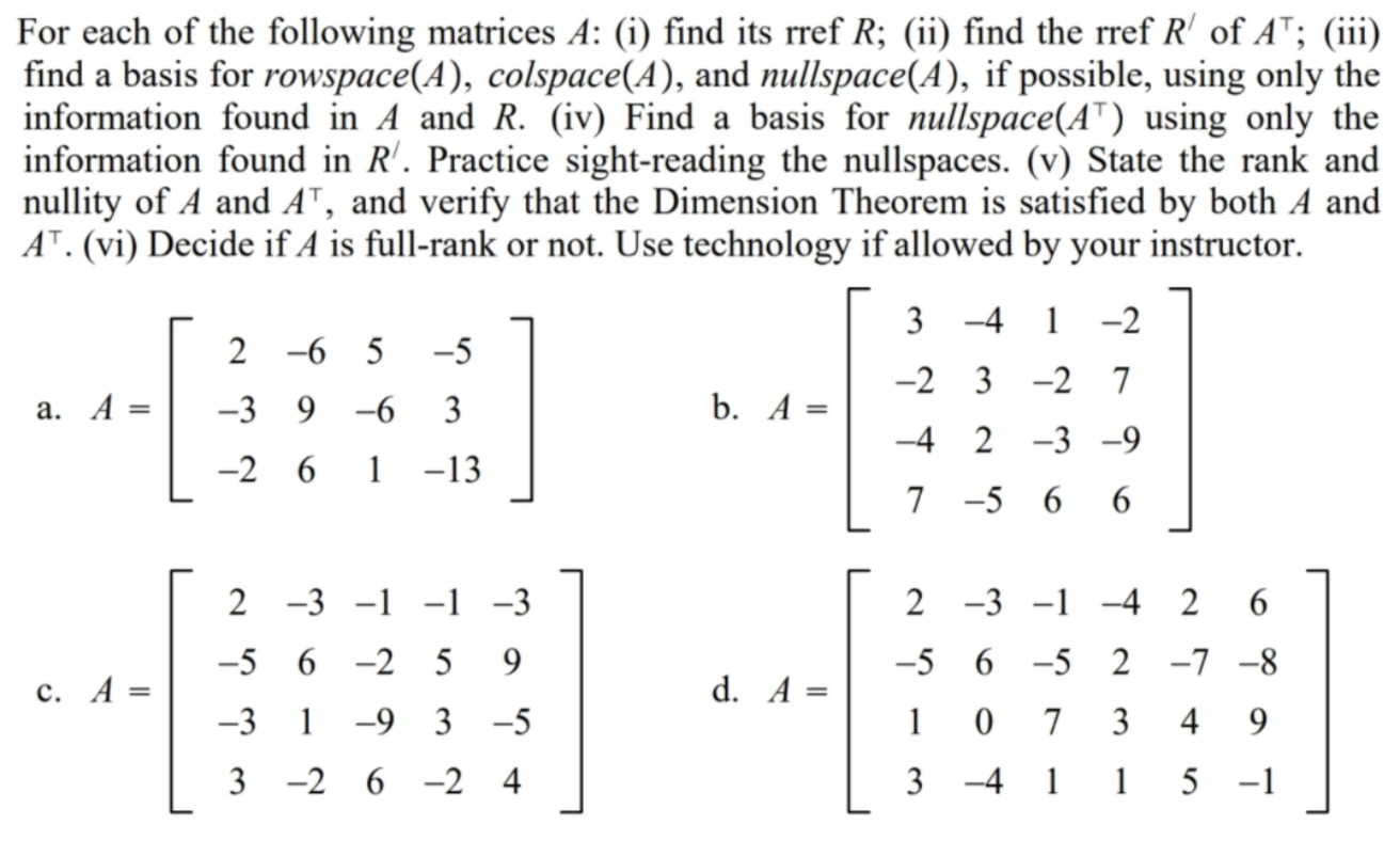 Solved For each of the following matrices A: (i) find its | Chegg.com