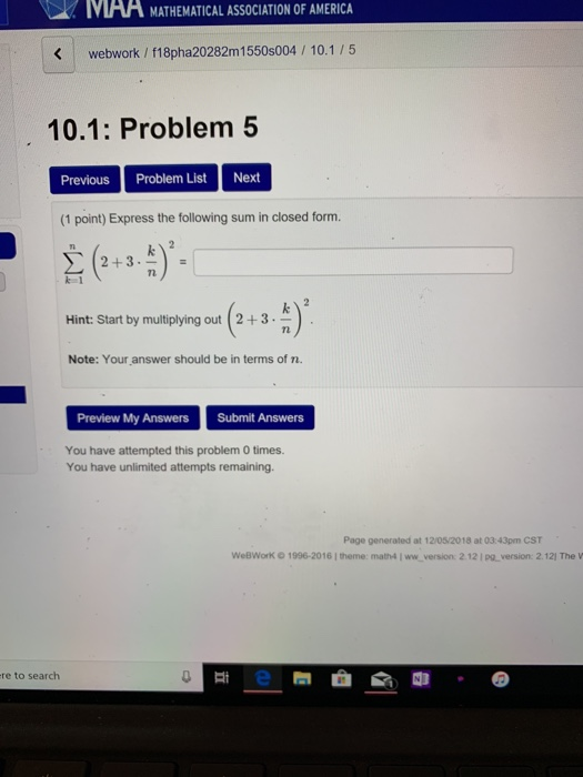 Solved MAA MATHEMATICAL ASSOCIATION OF AMERICA Kwebwork / | Chegg.com