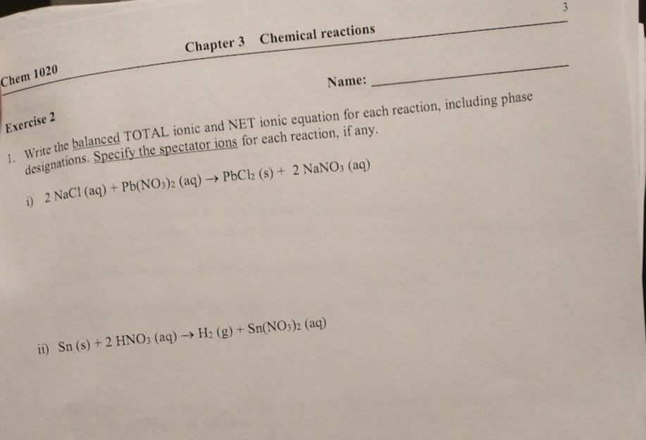 Solved 3 Chapter 3 Chemical reactions Chem 1020 Name: | Chegg.com