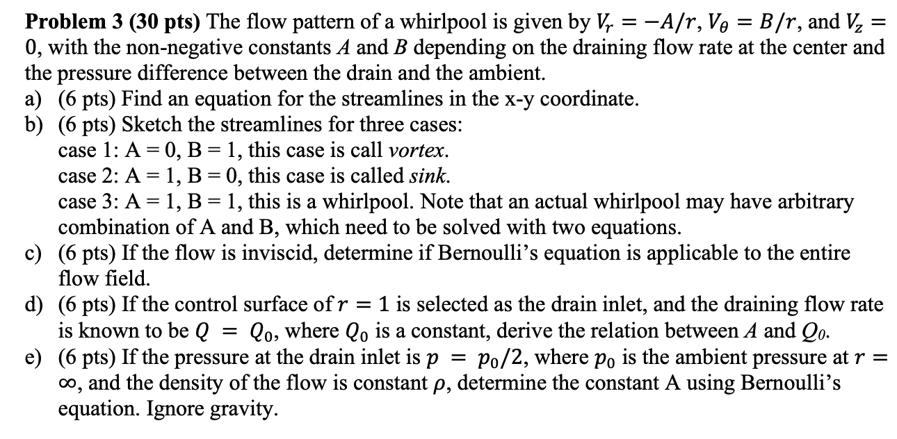 Solved = Problem 3 (30 pts) The flow pattern of a whirlpool | Chegg.com