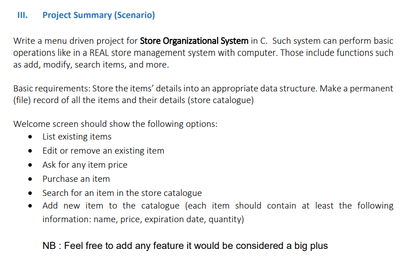 Solved III. Project Summary (Scenario) Write a menu driven | Chegg.com