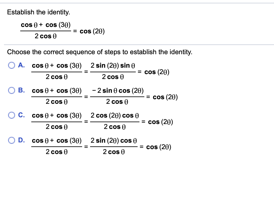 Solved Establish the identity. Зл sin + = - cos 0 2 Choose | Chegg.com