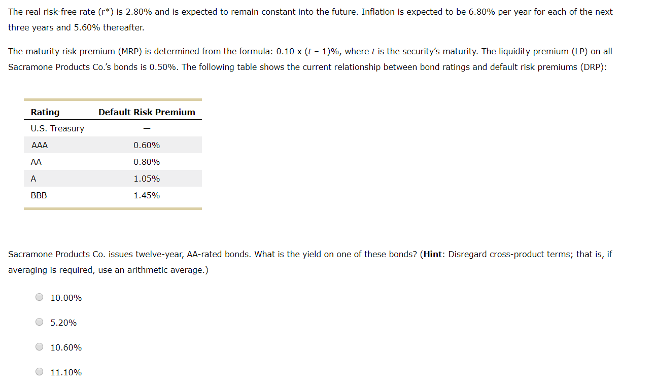 Solved The real risk-free rate (r*) is 2.80% and is expected | Chegg.com