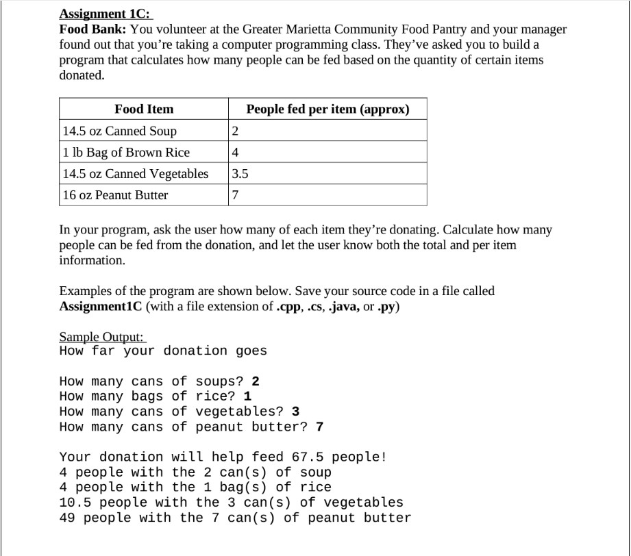 Solved Assignment 1C:Food Bank: You volunteer at the Greater | Chegg.com