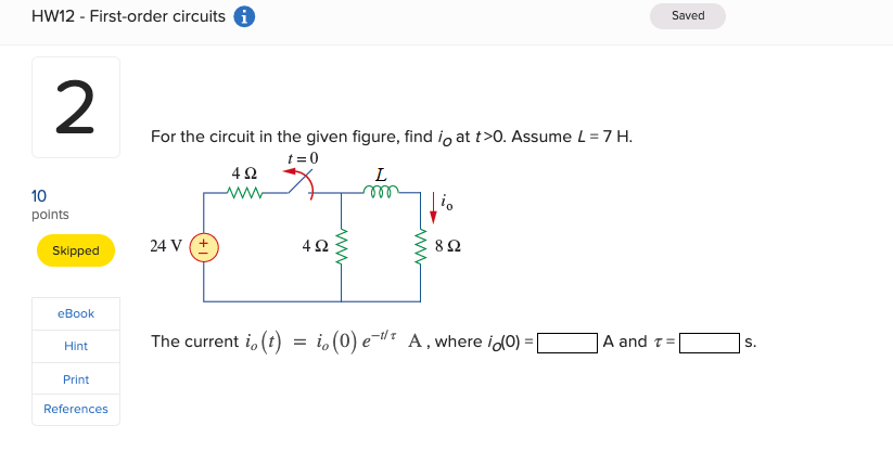 Solved For the circuit in the given figure, find iO at t>0. | Chegg.com