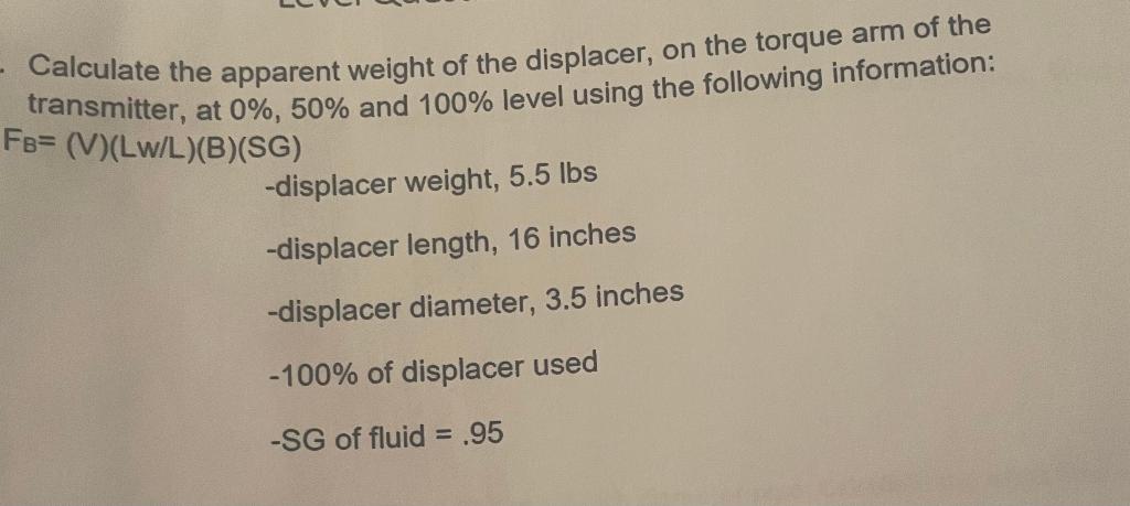 Solved Calculate the apparent weight of the displacer, on | Chegg.com