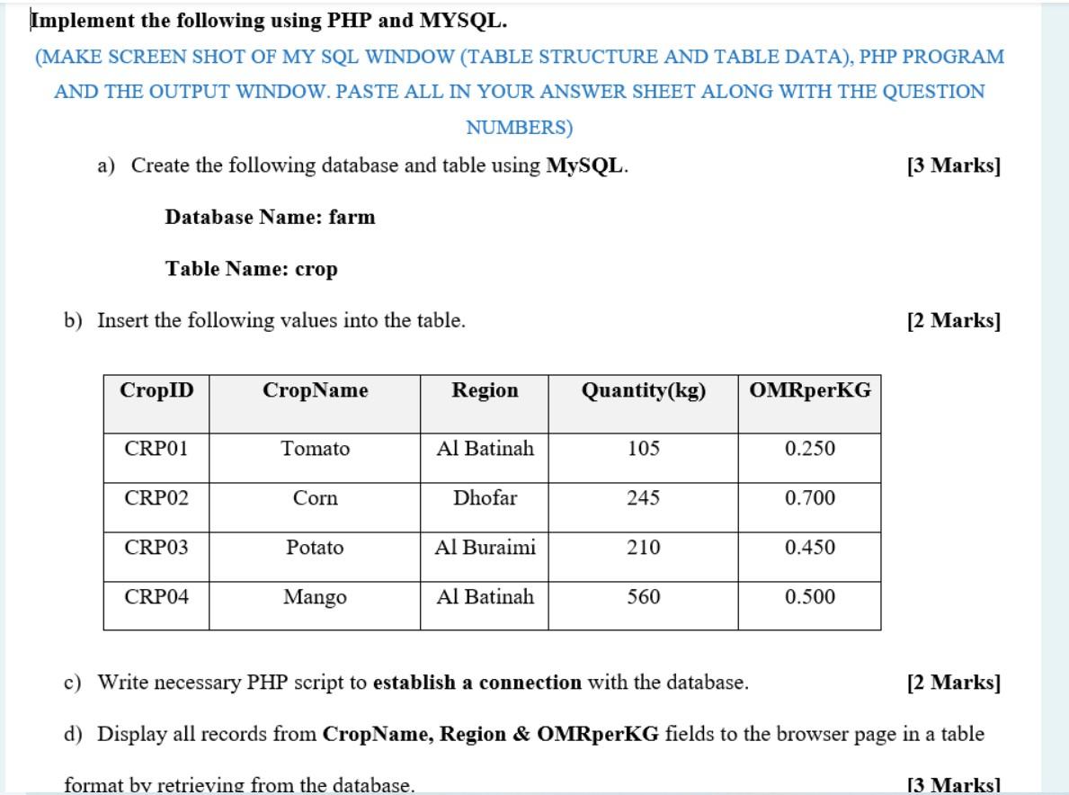 Solved Implement the following using PHP and MYSQL. (MAKE | Chegg.com