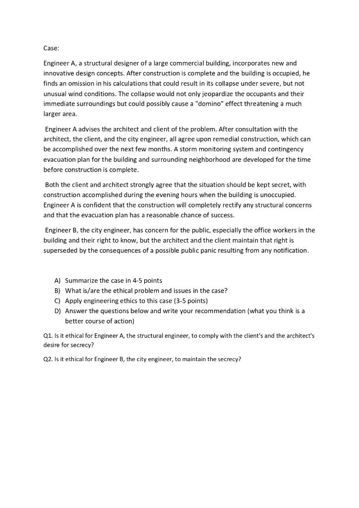 Solved Case: Engineer A, a structural designer of a large | Chegg.com