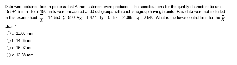 Solved Data were obtained from a process that Acme fasteners | Chegg.com