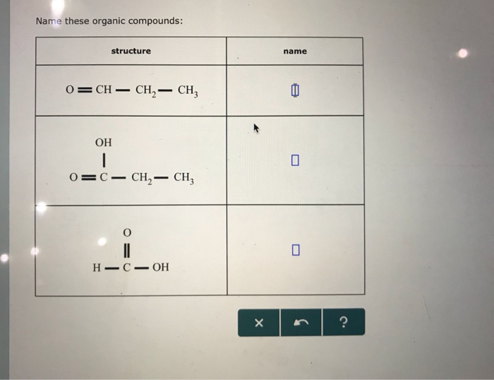 Solved Name these organic compounds: structure name O= | Chegg.com