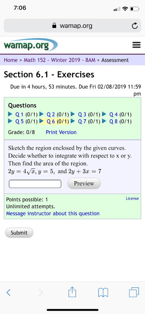 Solved 7:06 a wamap.org wamap.org Home > Math 152 Winter | Chegg.com