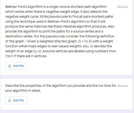 Solved 20 points Bellman Ford's Algorithm is a single-source | Chegg.com