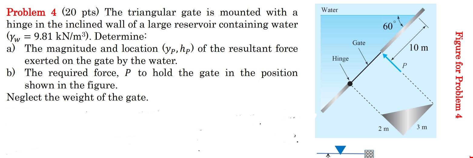 Solved Water 60 = Gate 10 m Problem 4 (20 pts) The | Chegg.com