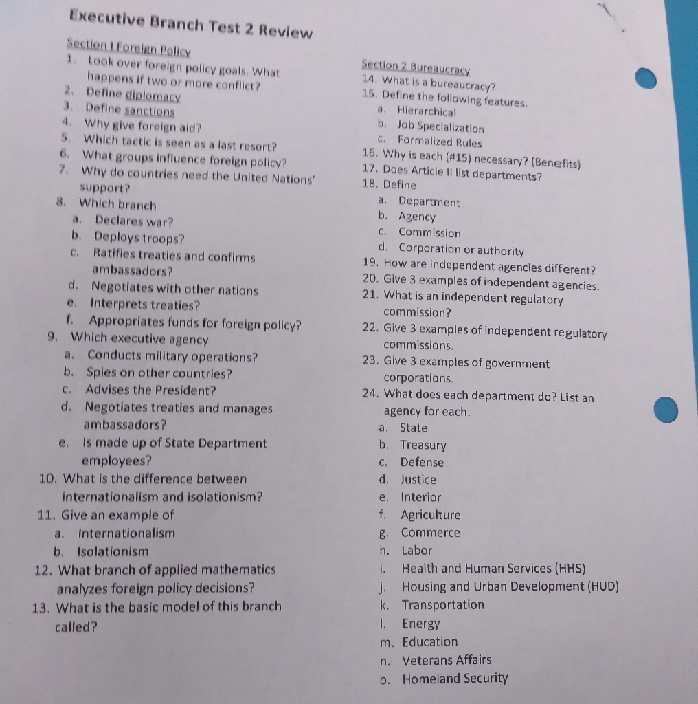 Executive Branch Test 2 Review Section LEoreien | Chegg.com