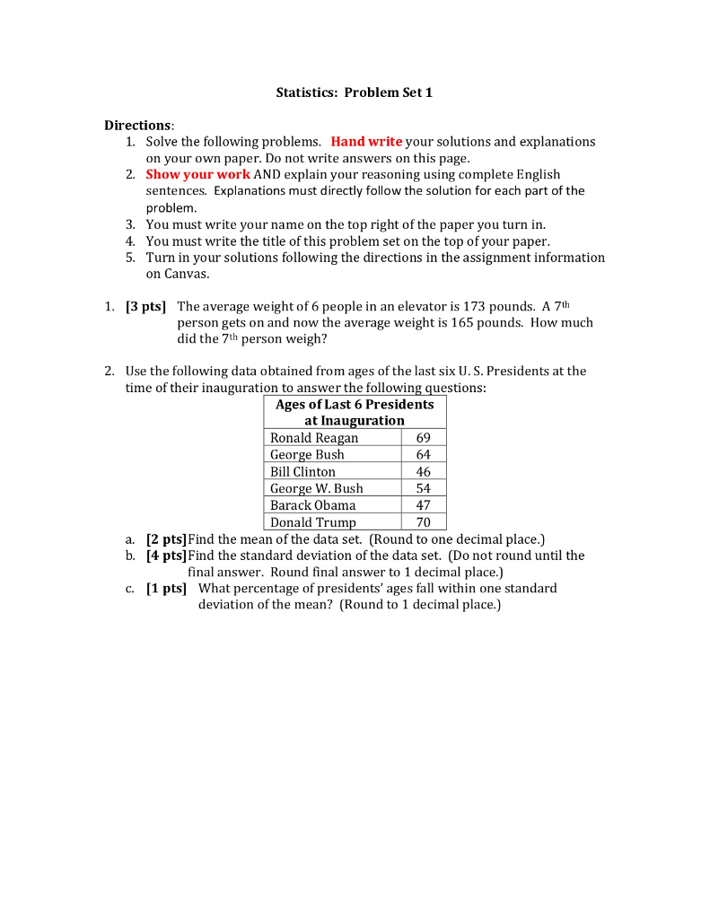 Solved Statistics: Problem Set 1 Directions 1. Solve the | Chegg.com