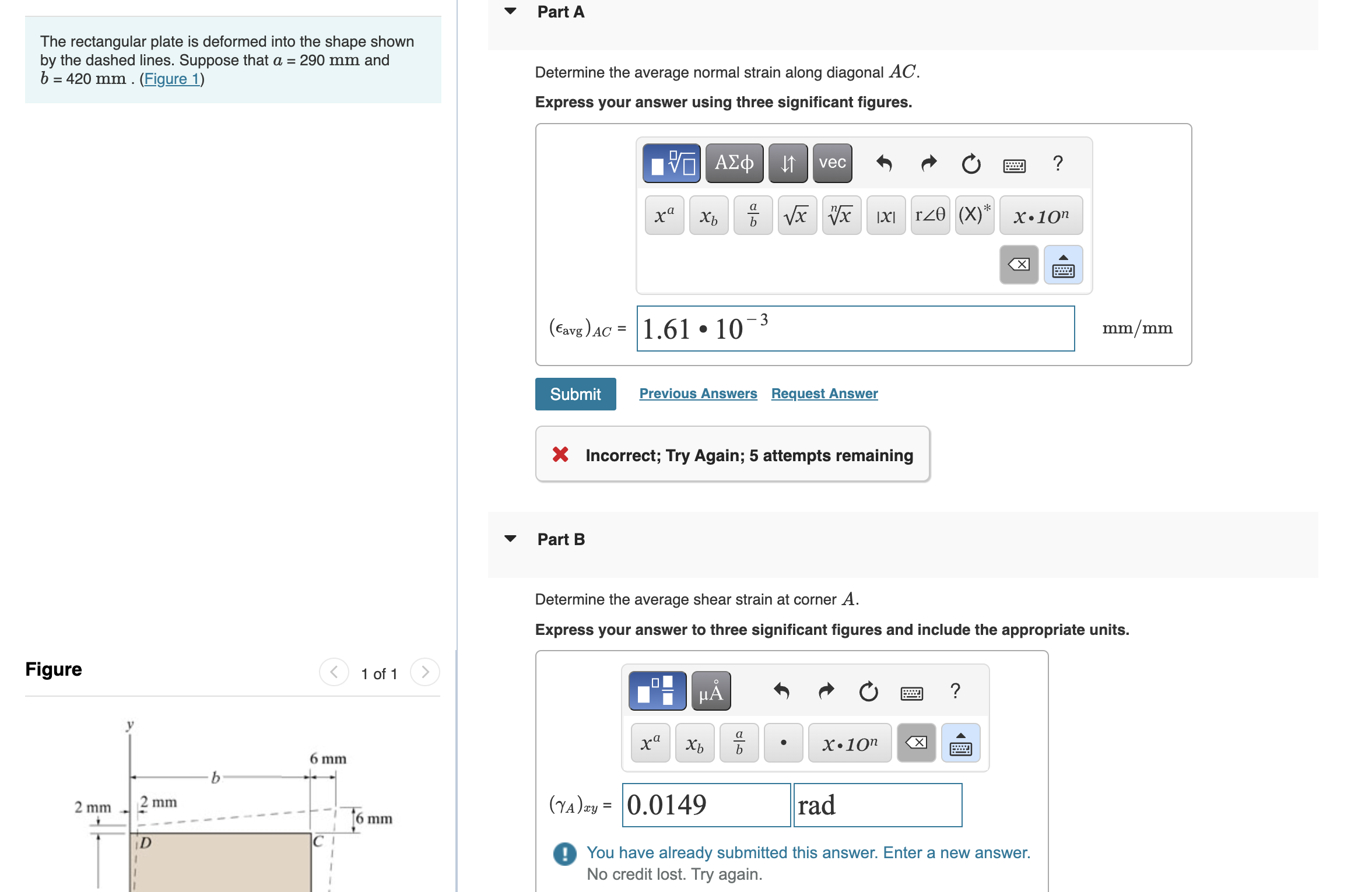Part AThe rectangular plate is deformed into the | Chegg.com