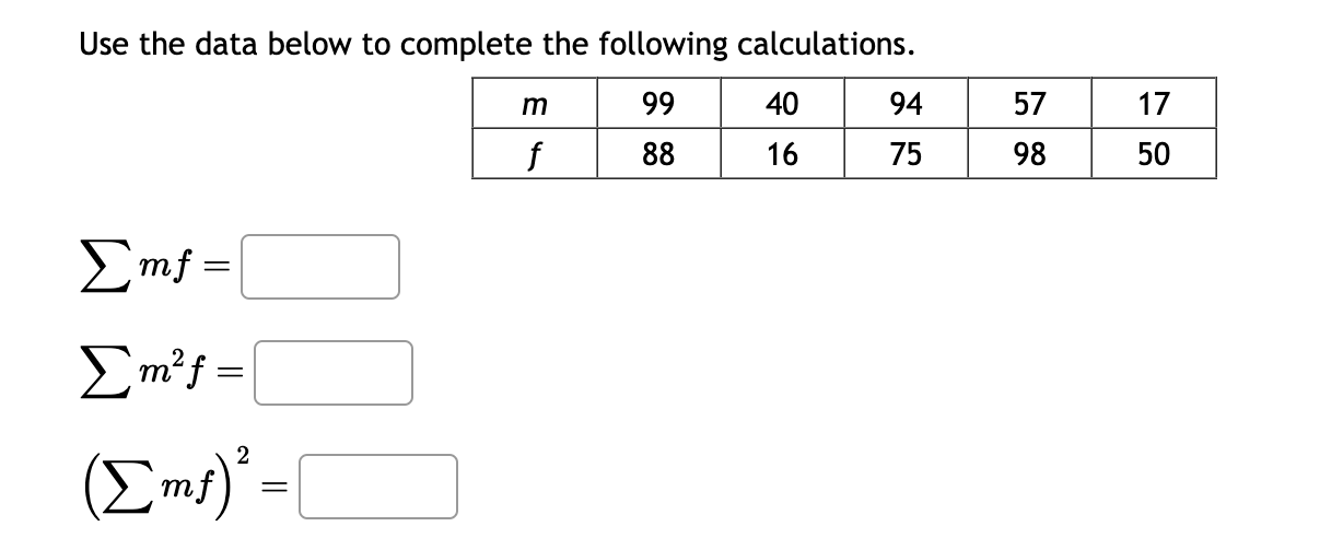 Solved Use the data chart to complete the following | Chegg.com