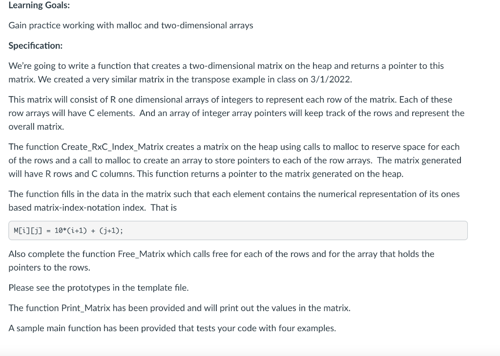 Solved Learning Goals: Gain practice working with malloc | Chegg.com