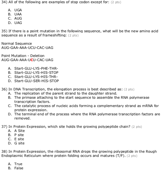 Solved 34) All of the following are examples of stop codon | Chegg.com