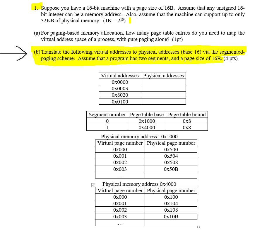 1. Suppose you have a 16-bit machine with a page size | Chegg.com