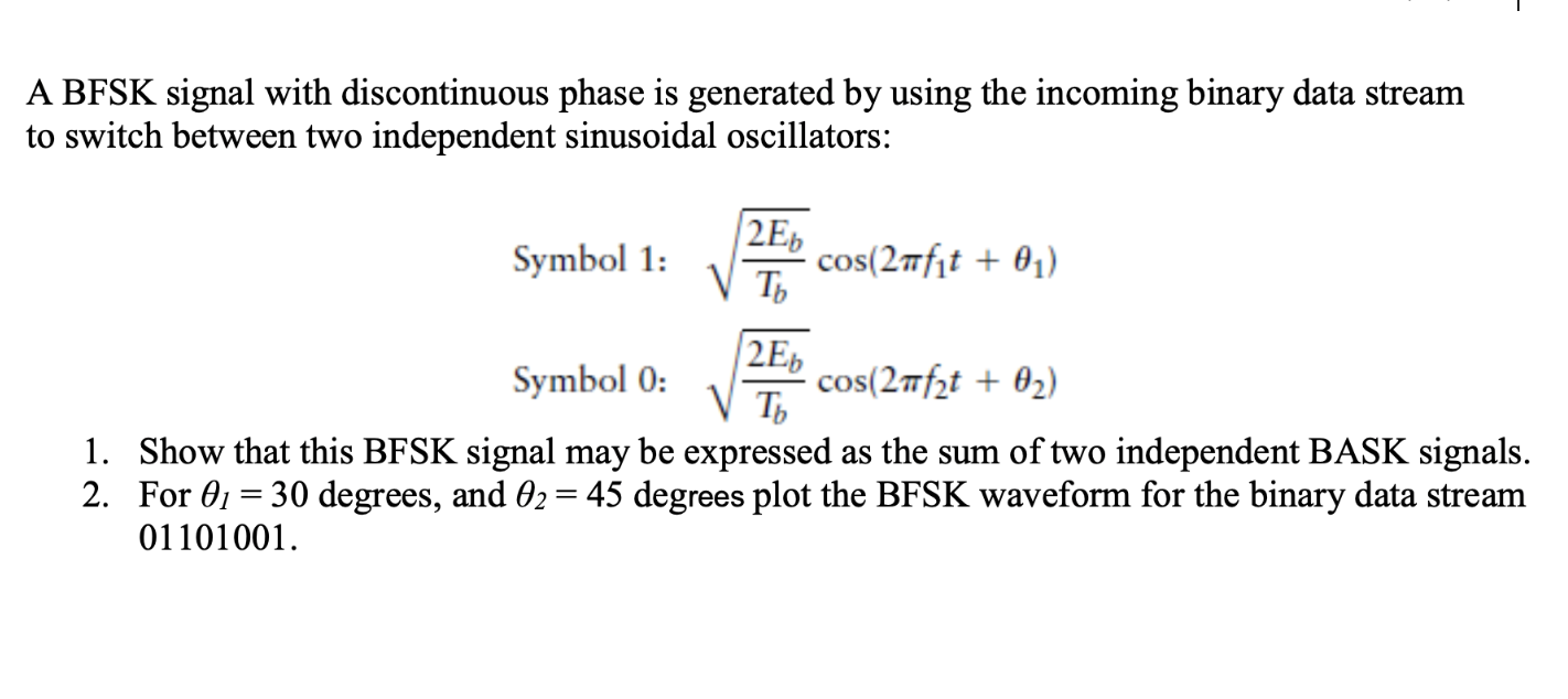 Solved A BFSK signal with discontinuous phase is generated | Chegg.com