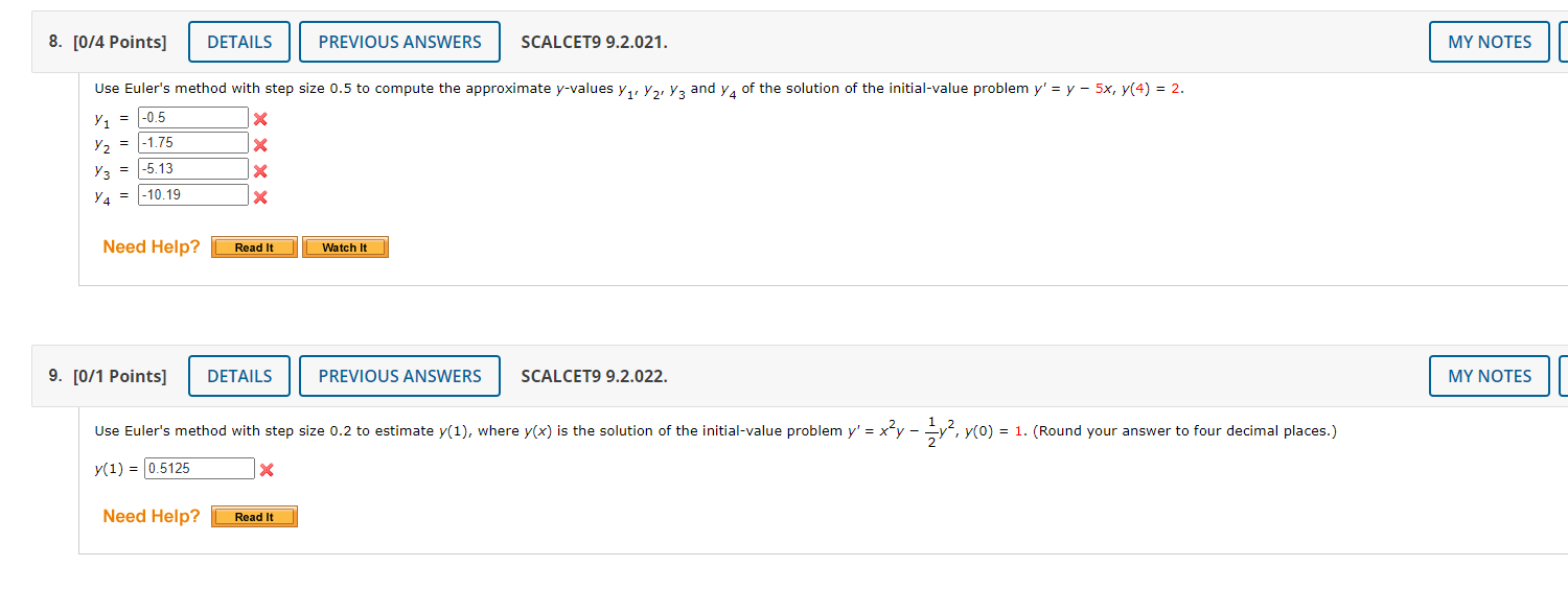 [0/4 Points] SCALCET9 9.2.021. Use Euler's method | Chegg.com