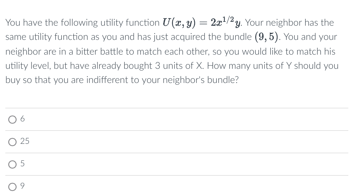 Solved You have the following utility function | Chegg.com