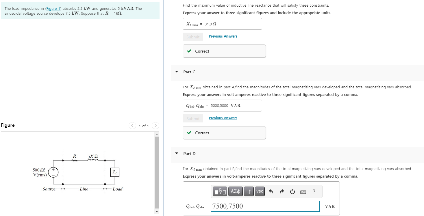 Solved The load impedance in (Figure 1) absorbs 2.5 kW and | Chegg.com