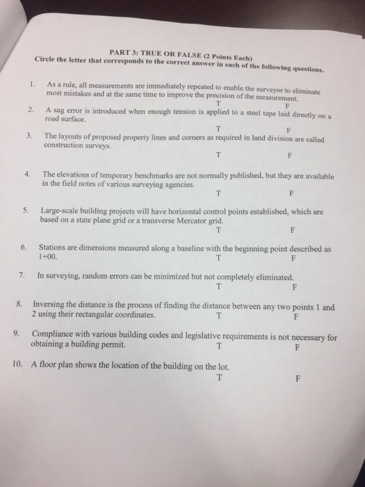 Solved PART 3: TRUE OR FALSE (2 Points Each) Circle the | Chegg.com
