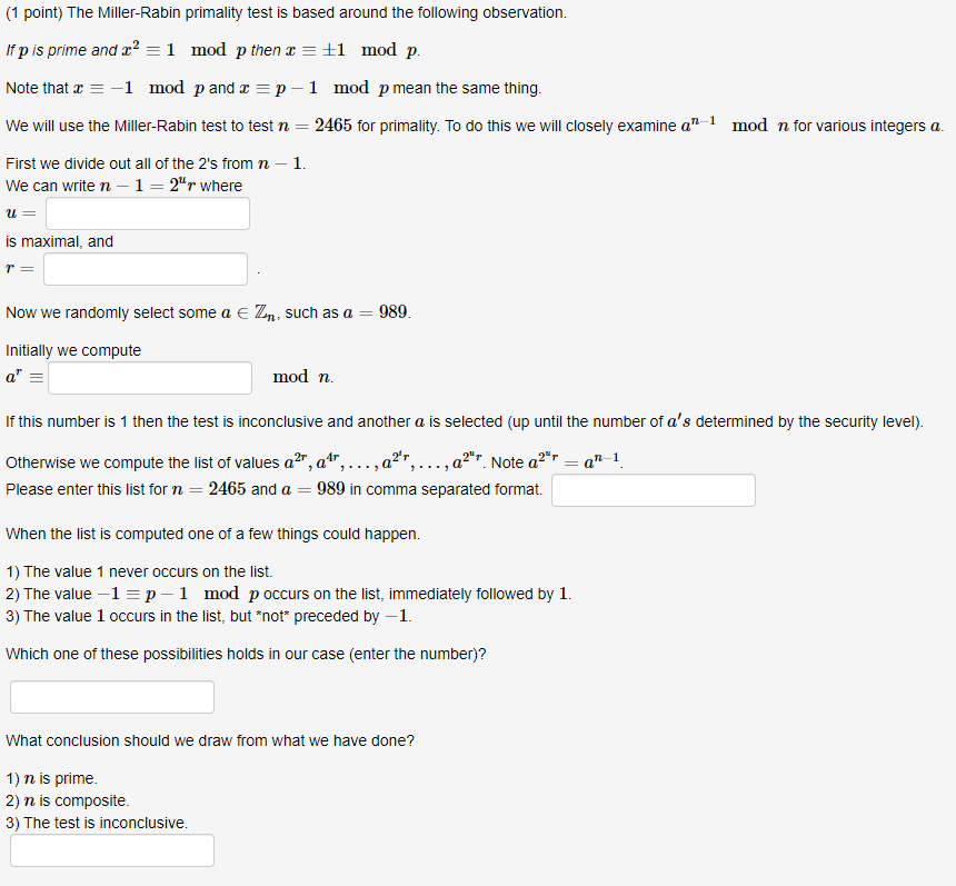 (1 point) The Miller-Rabin primality test is based | Chegg.com
