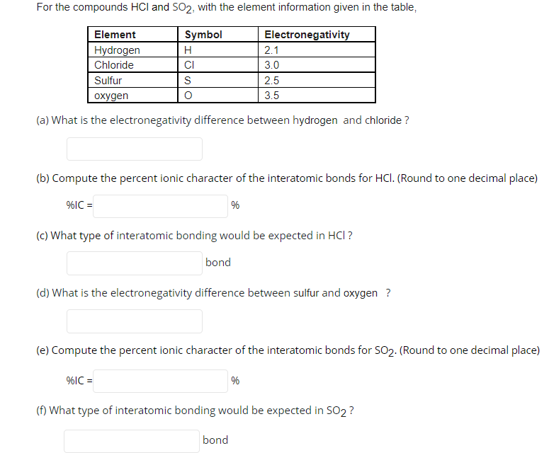 Solved For the compounds HCl and SO2, with the element | Chegg.com