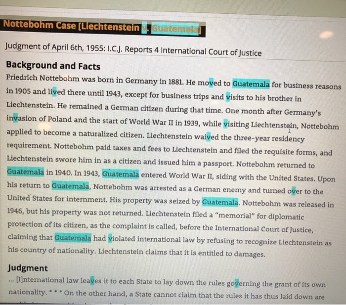 Solved Nottebohm Case [Liechtensteln Gwatemala Judgment of | Chegg.com