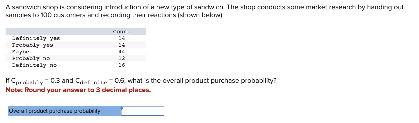 Solved A sandwich shop is considering introduction of a new | Chegg.com