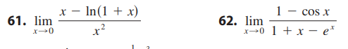 Solved limx→0x2x−ln(1+x) 62. limx→01+x−ex1−cosx | Chegg.com