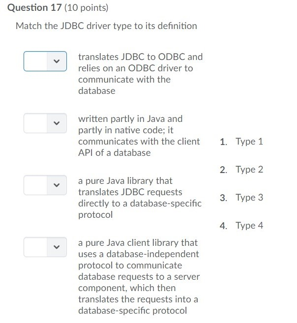 Solved Question 17 (10 points) Match the JDBC driver type to | Chegg.com