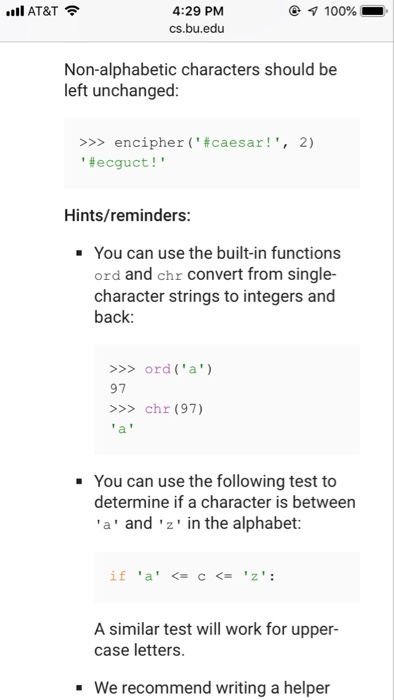 Solved 4:28 PM cs.bu.edu IIAT&T 1. Write a function encipher | Chegg.com