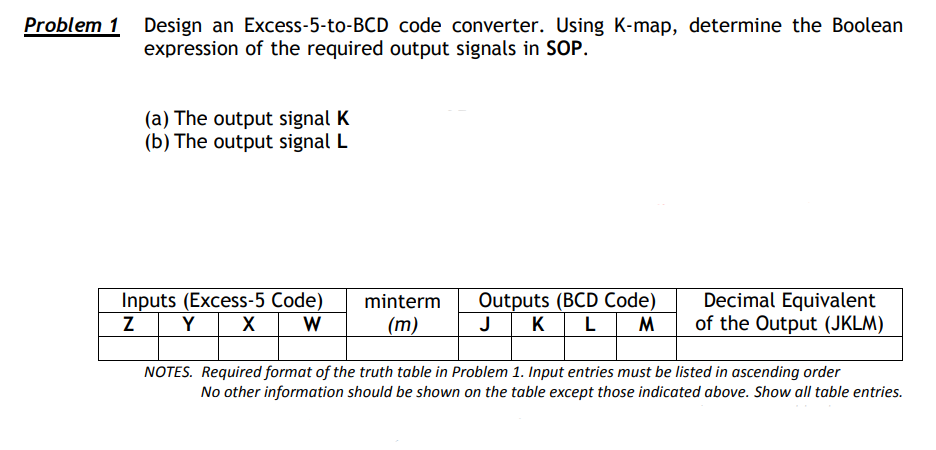 Solved Problem 1 Design an Excess-5-to-BCD code converter. | Chegg.com