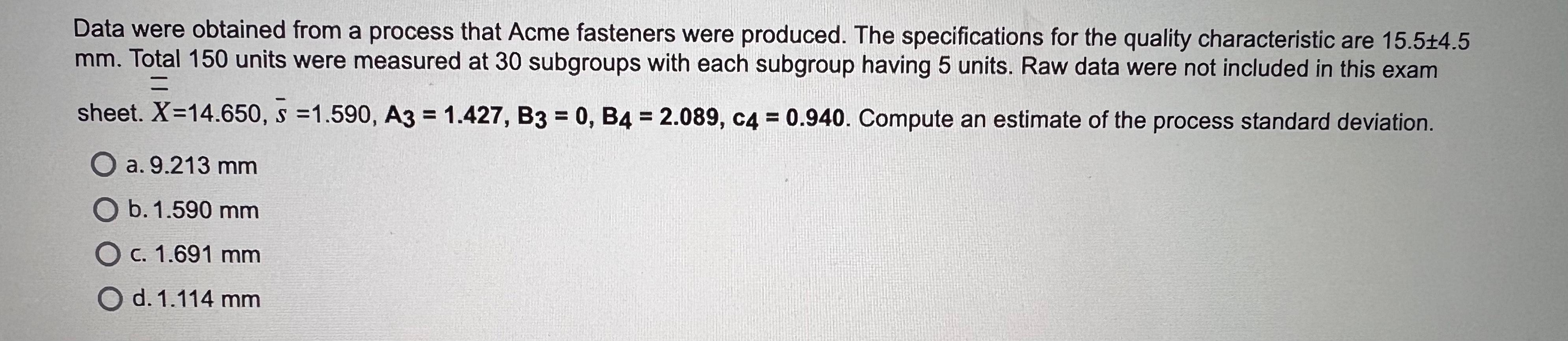 Solved Data were obtained from a process that Acme fasteners | Chegg.com