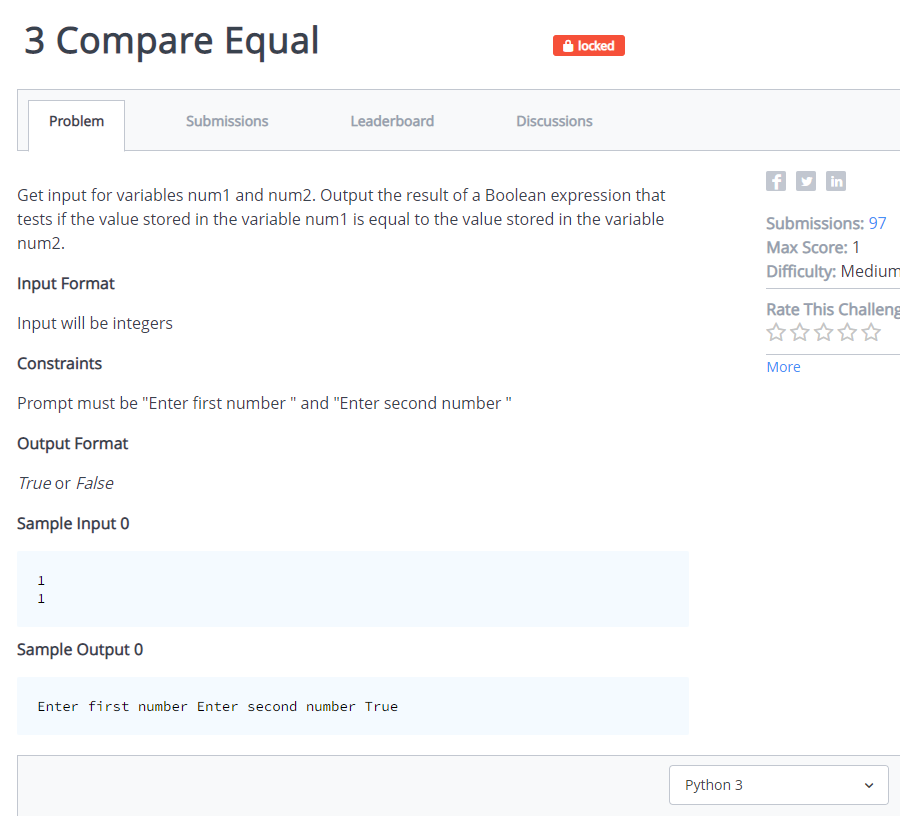 Solved 3 Compare Equal locked Problem Submissions | Chegg.com