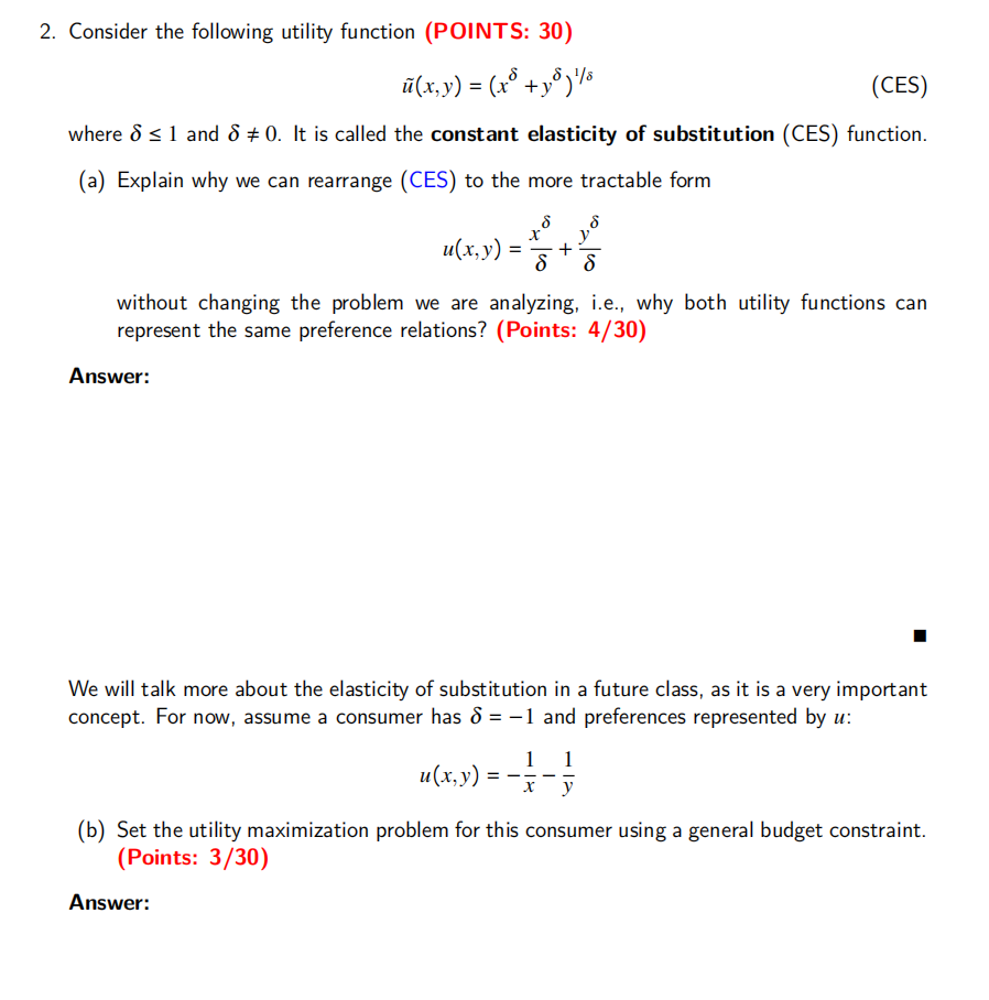 2. Consider the following utility function (POINTS: | Chegg.com