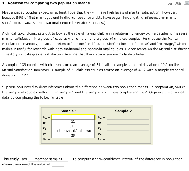 Solved 1. Notation for comparing two population means Aa Aa | Chegg.com