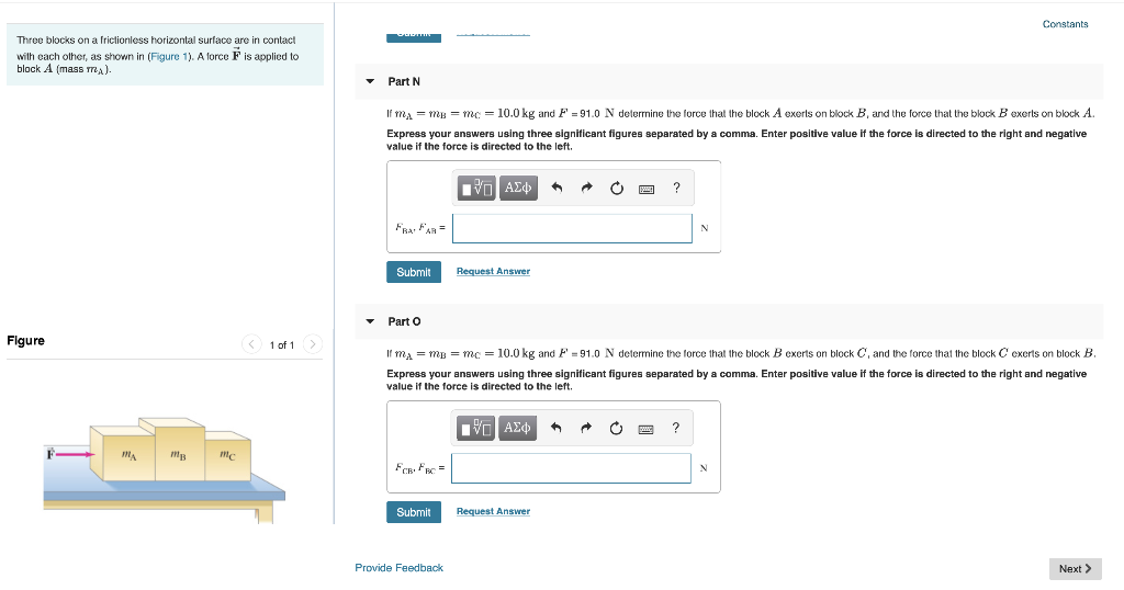 Solved Constants Three blocks on a frictionless horizontal | Chegg.com
