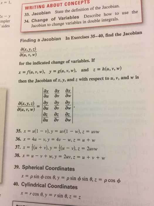 Solved x=1, WRITING ABOUT CONCEPTS 33. Jacobian State the | Chegg.com
