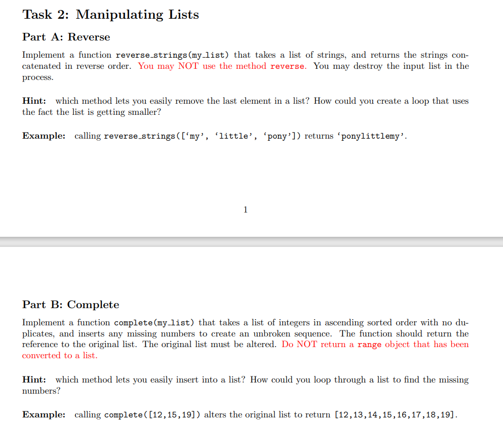 Solved Task 2: Manipulating Lists Part A: Reverse Implement | Chegg.com